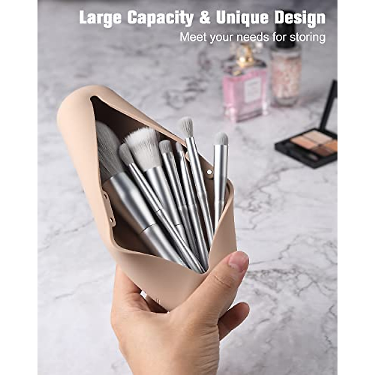 FERYES Large Travel Makeup Brush Holder, Magnetic Anti-fall Out Silicon Portable Cosmetic Face Brushes Holder, Soft and Sleek Makeup Tools Organizer for Travel- (8.27 * 2.36 * 1.57)