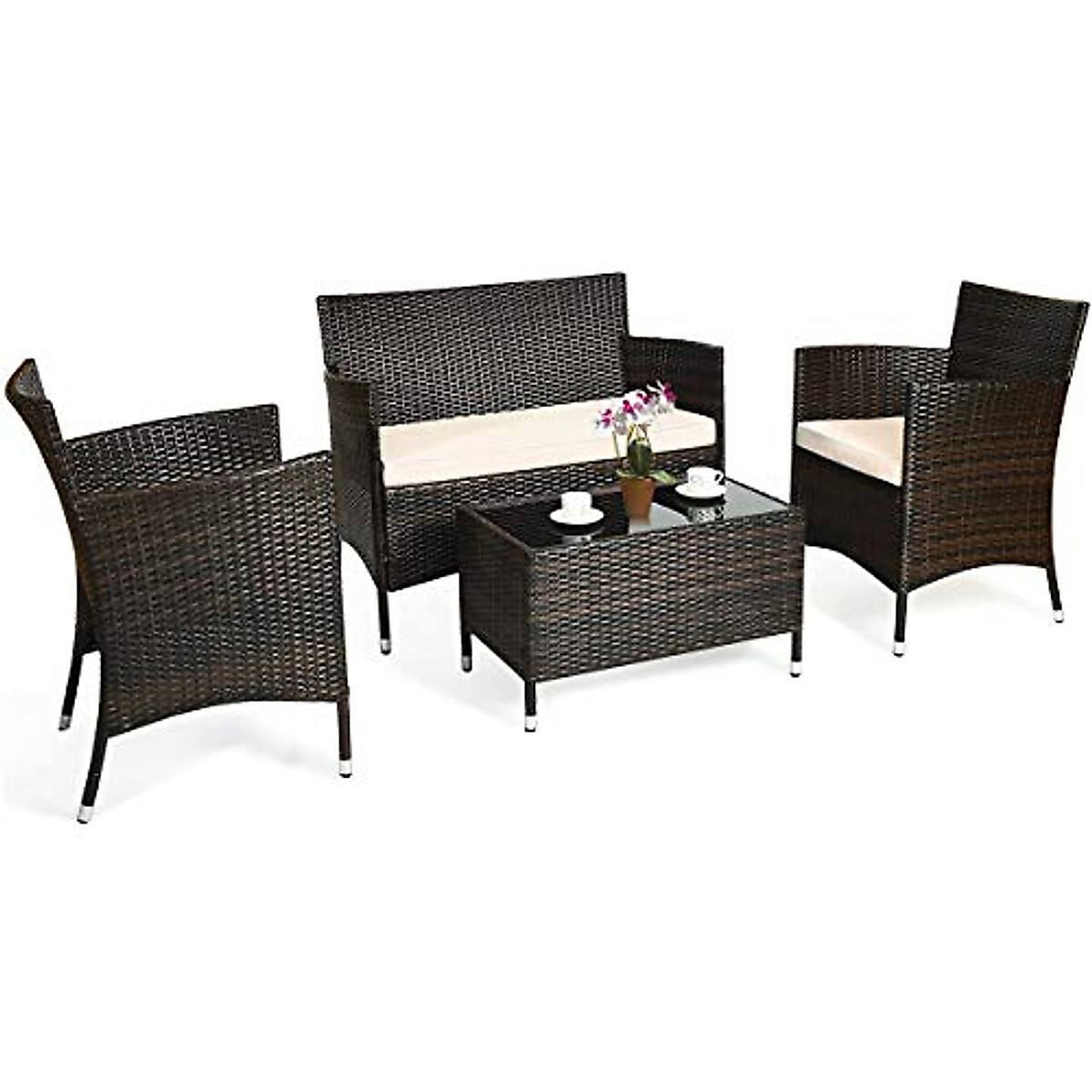 BestComfort 4 Piece Outdoor Patio Furniture Set Wicker Conversation Set, Sectional Sofa Rattan Wicker Chair, Glass Coffee Table for Backyard Porch Poolside Balcony Garden