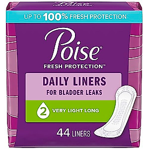 Poise Daily Incontinence Panty Liners, 2 Drop Very Light Absorbency, Long, 44 Count of Pantiliners, Packaging May Vary