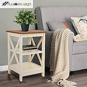 MAISON ARTS End Tables Living Room Set of 2 Farmhouse Side Tables 3-Tiers Rustic Nightstands with Storage for Bedroom, Modern Wood Look Mid Century Accent Furniture, Easy Assembly, Ivory