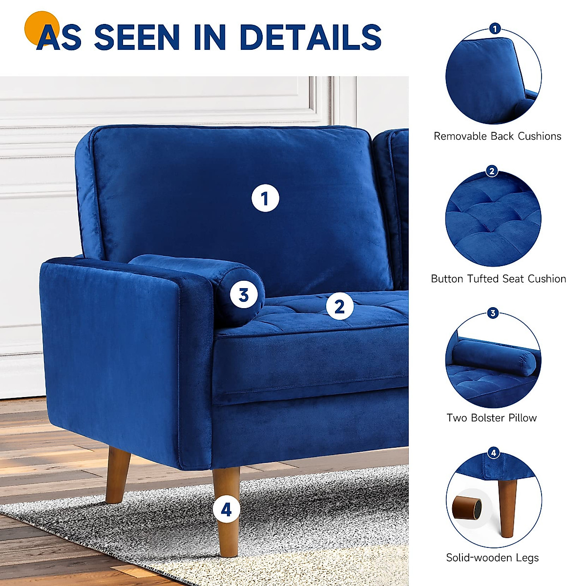 Vesgantti Blue Velvet Couch 70 inch, 3 Seater Loveseat Sofa, Mid Century Modern Couches for Living Room, Upholstered Velvet Sofa with 2 Pillows, Button Tufted Sofa for Bedroom, Home Office, Apartment