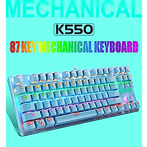Mechanical Keyboard,Wired Rainbow LED Backlit 87 Key Waterproof Gaming Keyboard,USB Cable with Magnetic Ring PC PS4(Blue)