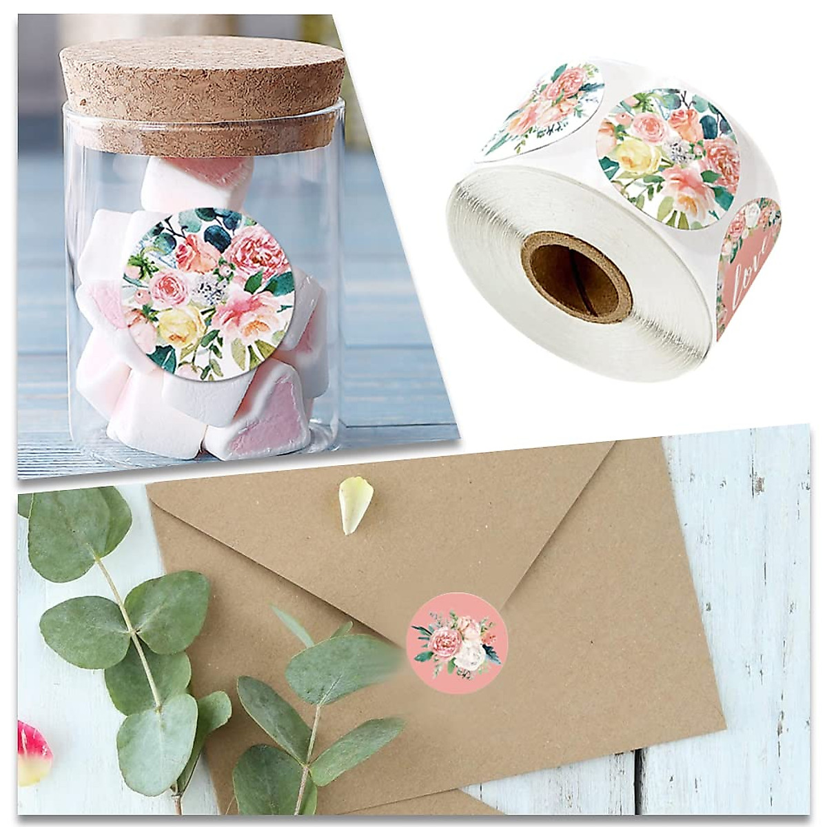 500 Pcs Floral Love Stickers Roll Flowers Paper Labels Floral Round Baking Stickers for DIY Craft Card Festival Decoration Party Gift