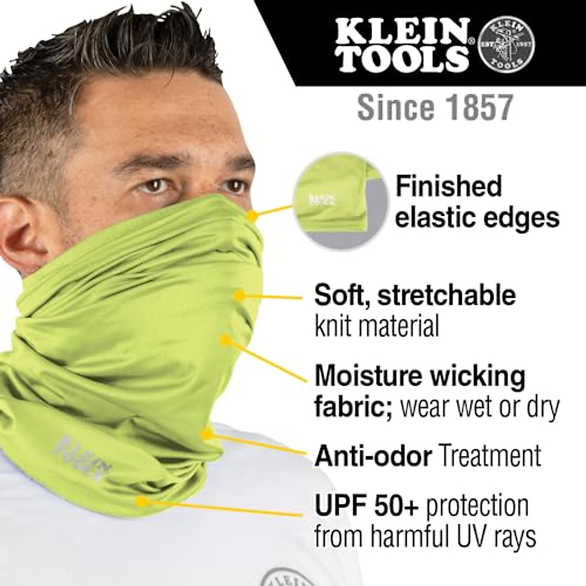 Klein Tools 60465 Cooling Band for Neck and Face with Evaporative Performance Knit Fabric, Cools Instantly When Wet, UPF 50 Protection, Yellow