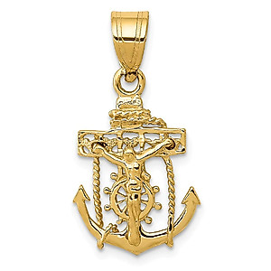 Solid 14k Yellow Gold Anchor Mariners Cross Pendant Jesus Charm - 26mm x 14mm