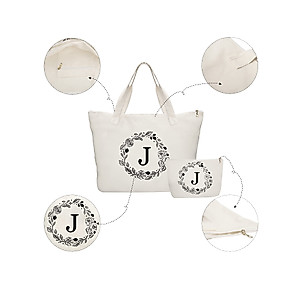 Binggemen Personalized Initial Canvas Tote Bag with Zipper, Present Bag with Inner Pocket & Make Up Bag, Great Gifts for Women, Mom, Teachers, Friends, Bridesmaids