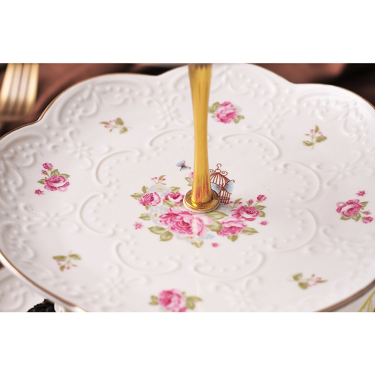 Jusalpha® Elegant Embossed 3-tier Ceramic Cake Stand- Cupcake Stand- Tea Party Pastry Serving Platter in Gift Box and a Free Sugar Tong (FL-Stand 03)