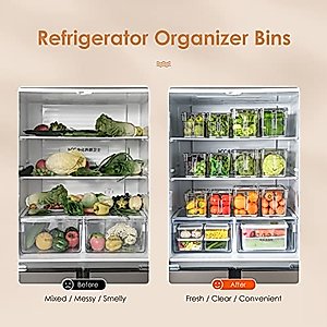 Produce Saver Containers for Refrigerator, 6.3Lx4 Organizer Bins with Lids Stackable Large Food Storage Container Sets with Drain Tray, Square Handle Food Storage Organizer Boxes, BPA Free, Set of 4