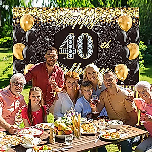 AILIBA 40th Birthday Banner Backdrop, 40th Birthday Party Decorations Black Gold 40th Birthday Photography Background, Black Gold Happy 40th Birthday Sign Birthday Party Supplies