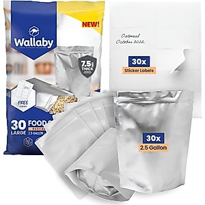 Wallaby 30 Count 2.5-Gallon Gusset Mylar Bags with Labels, 15 Mil Total Thicker Long-Term Food Storage Pouches, 12x18 Stand-Up Zipper Heat-Sealable Airtight Packaging - Silver