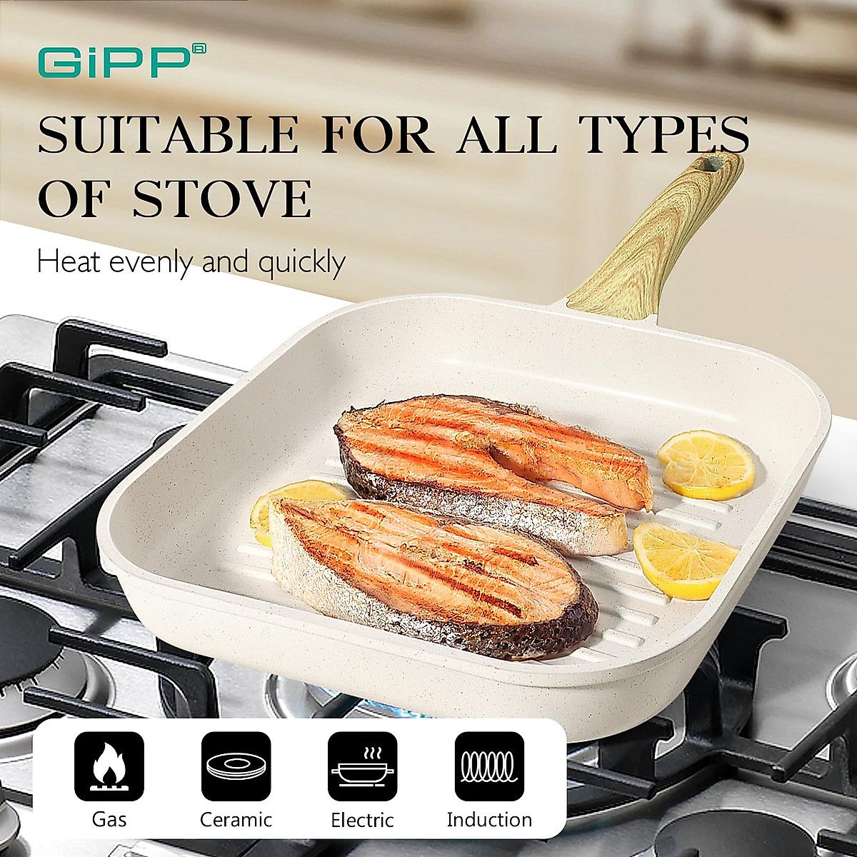GiPP Nonstick Grill Pan for Stove Tops - 11 Inch Square Grilling Pan for Indoor Cooking & Outdoor Grilling, Non Stick Granite Grill Skillet Steak Pan, PFOA Free, White
