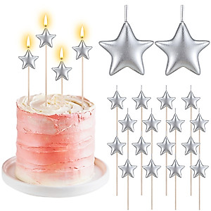 Threlaco 16 Pack Silver Birthday Candles for Cake Star Shaped Sparkler Candles Metallic Color Stereo Cake Candle Toppers Happy Birthday Candles Decorations for Birthday Party Supplies