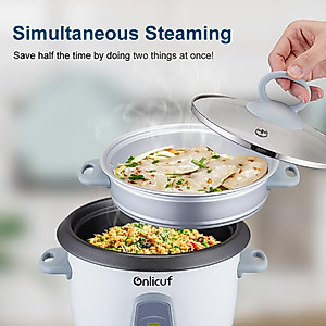 Onlicuf 3 Cups Uncooked 6 Cups Cooked Rice & Grain Cooker with Aluminum Food Steamer, Nonstick Pot, Multicooker, Automatic Keep Warm Function,Resettable Overheat Protection,BPA-free,White