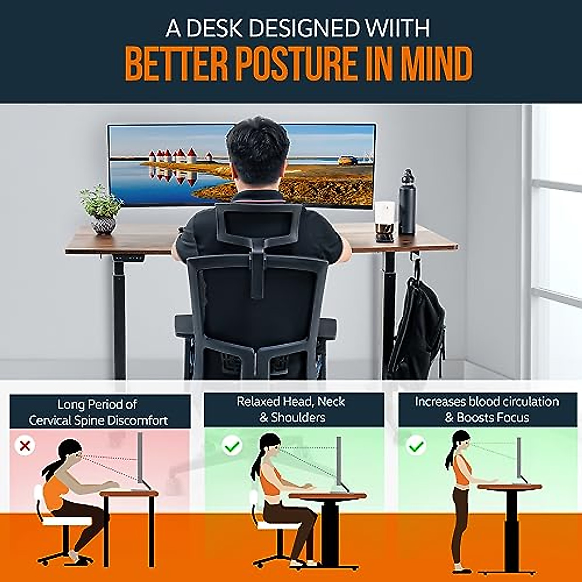 SuperHandy Standing Desk Adjustable Height (63'' x 30'') w/Wireless Charging, USB-C & AC Outlets, 3 Memory Presets - Large Electric Sit-Stand Adjustable Height up to 49'' - Rustic Wood