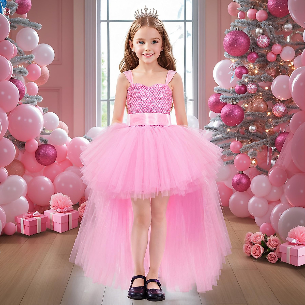 Pink Christmas Tutu Dress for Girls Tulle Dresses Fairy Princess Dress up for Kids Toddler Little Girl Birthday Party Outfit Size 5-6