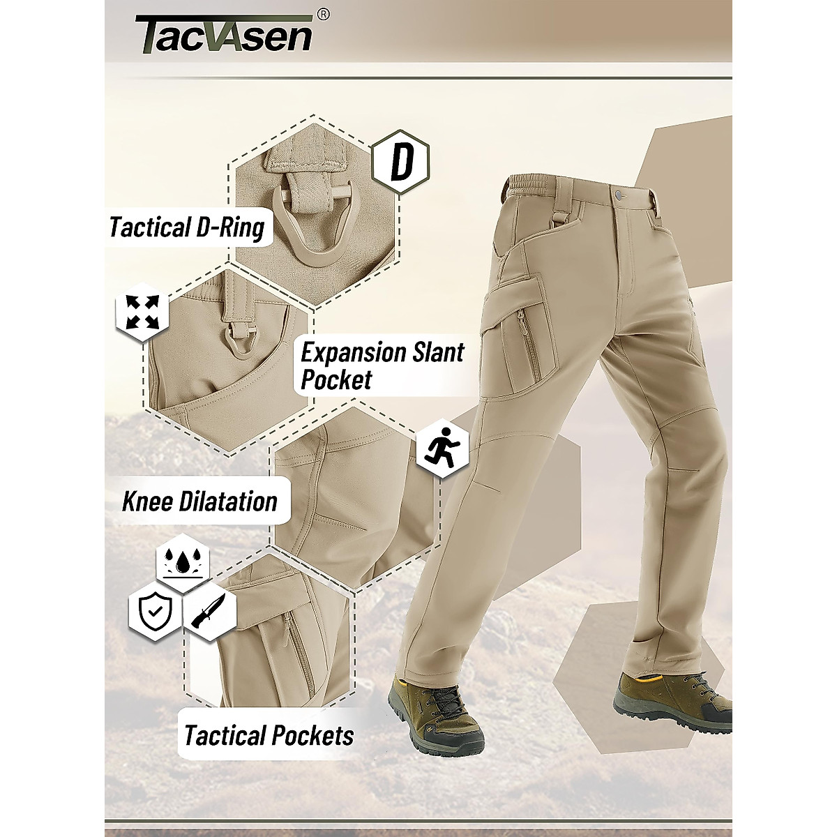TACVASEN Mens Tactical Pants Insulated Warm Thermal Fleece Lined Shoftshell Khaki Pants for Snow Ski Men's Winter Hiking Outdoor Adventure Pants