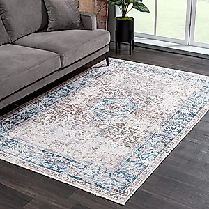 Bloom Rugs Caria Washable Non-Slip 3x5 Rug - Beige/Ocean Blue Traditional Area Rug for Living Room, Bedroom, Dining Room, and Kitchen - Exact Size: 3' x 5'