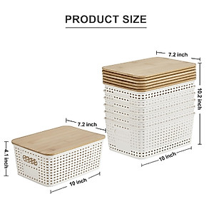 Bagnizer Small Plastic Storage Bins with Bamboo Lids 5.2qt Stackable Box Basket Pantry Decorative Containers Cute with Lable for Organizing Desktop Closet Office Cream White of 6 packs 10*7.2*4.1'’
