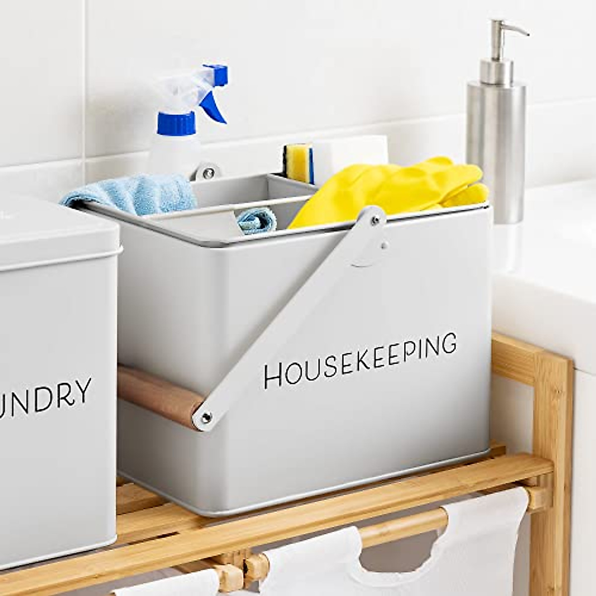 Navaris Cleaning Caddy with Handle - Metal Cleaning Product Storage Organizer Box for Housekeeping Products for Bathroom Kitchen Home - Gray Design