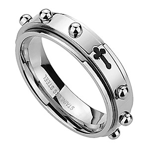 DoubleAccent 6MM Stainless Steel Cross Rosary Spinner Praying Ring, 13