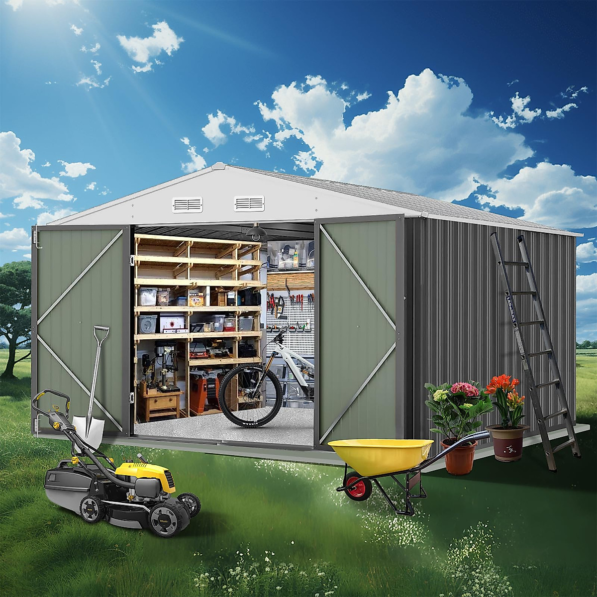 Zstar 10x8 FT Metal Outdoor Storage Shed, Steel Utility Tool Shed Storage House with Lockable Door Design, Metal Sheds Outdoor Storage for Garden, Patio, Backyard, Outside Use, Grey