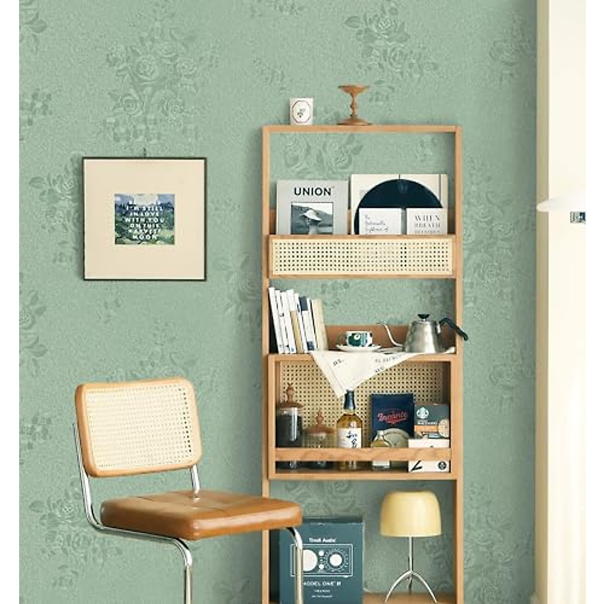 Dimoon Wallpaper 78.7"x17.3" Thicken Embossed Floral Stick and Peel Wallpaper Green Flower Stick Peel Contact Paper Solid Pure Waterproof Green Adhesive Wallpaper Removable Shelf Vinyl Roll