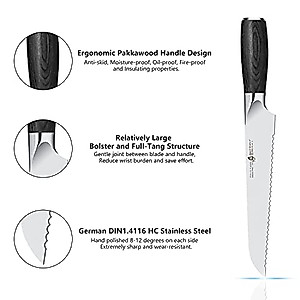 TUO Bread Knife - 8" Bread Slicing Knife Knife Serrated, German HC Steel Ergonomic Pakkawood Handle with Gift Box, Goshawk Series