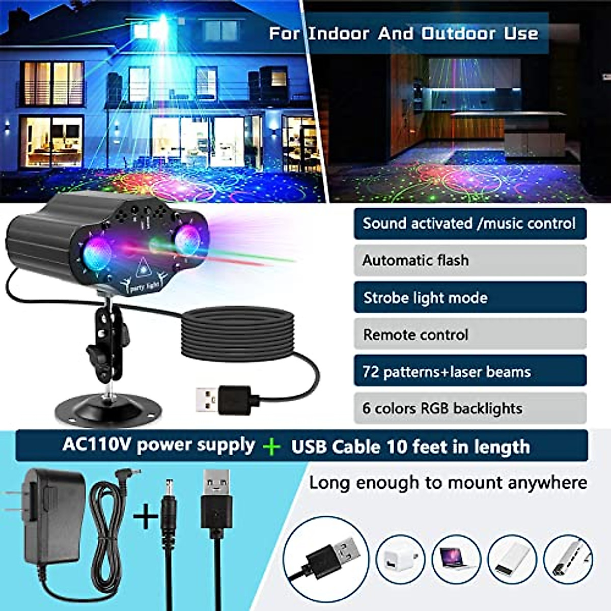 Party Lights DJ Disco Lights,Stage Laser Light Projector 2 RGB LED Multiple Patterns Sound Activated Flash Strobe Lighting with Remote Control for Parties Christmas Karaoke Wedding Home Decoration