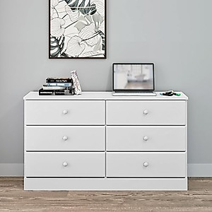 Prepac Astrid 6 Drawer Double Dresser for Bedroom, Wide Chest of Drawers, Bedroom Furniture, Clothes Storage and Organizer, 15.5" D x 47.5" W x 26.85" H, White