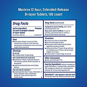 Mucinex 12 Hour Extended Release Tablets -Guaifenesin Relieves Chest Congestion Caused by Excess Mucus (#1 Doctor Recommended OTC expectorant), 100 Count (Pack of 1)