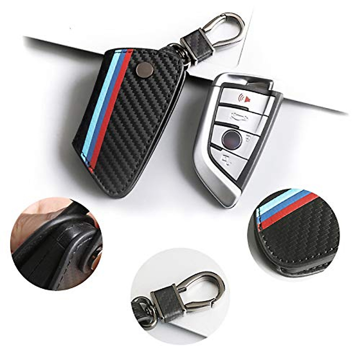 Xotic Tech M-Colored Stripe Carbon Fiber Leather Remote Key Fob Cover Case Compatible with BMW X1 X5 X6 5 7 Series F48 F15 F16 G30 G31 G11 G12