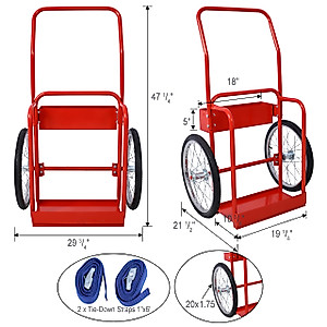 Dual Cylinder Cart Dolly Heavy-Duty Oxygen and Acetylene Tank Trolley with 20" Pneumatic Wheels 220 lb Capacity 47.2" Height, 29.7" Length, and 21.5" Width for Cylinder Tank Transport Red