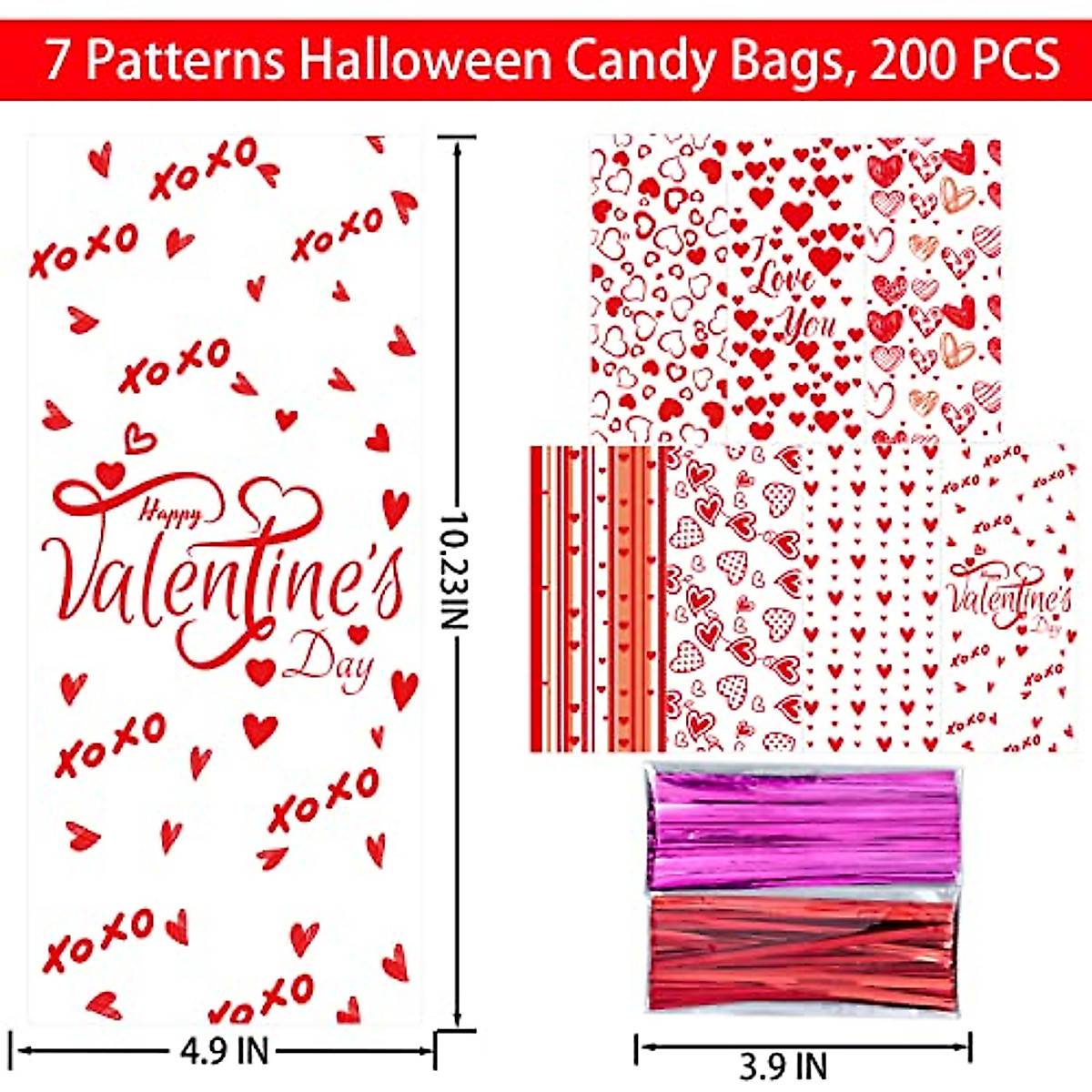 WOONOO 200PCS Valentines Gift Bags Valentine Cellophane Treat Bags for Kids, 7 Designs Valentine Goodies Bags for Treat With Twist Ties for Valentines Party Supplies Cookie Bags