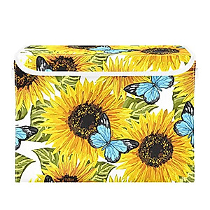 innewgogo Sunflowers Blue Butterflies Storage Bins with Lids for Organizing Large Collapsible Storage Bins with Handles Oxford Cloth Storage Cube Box for Car