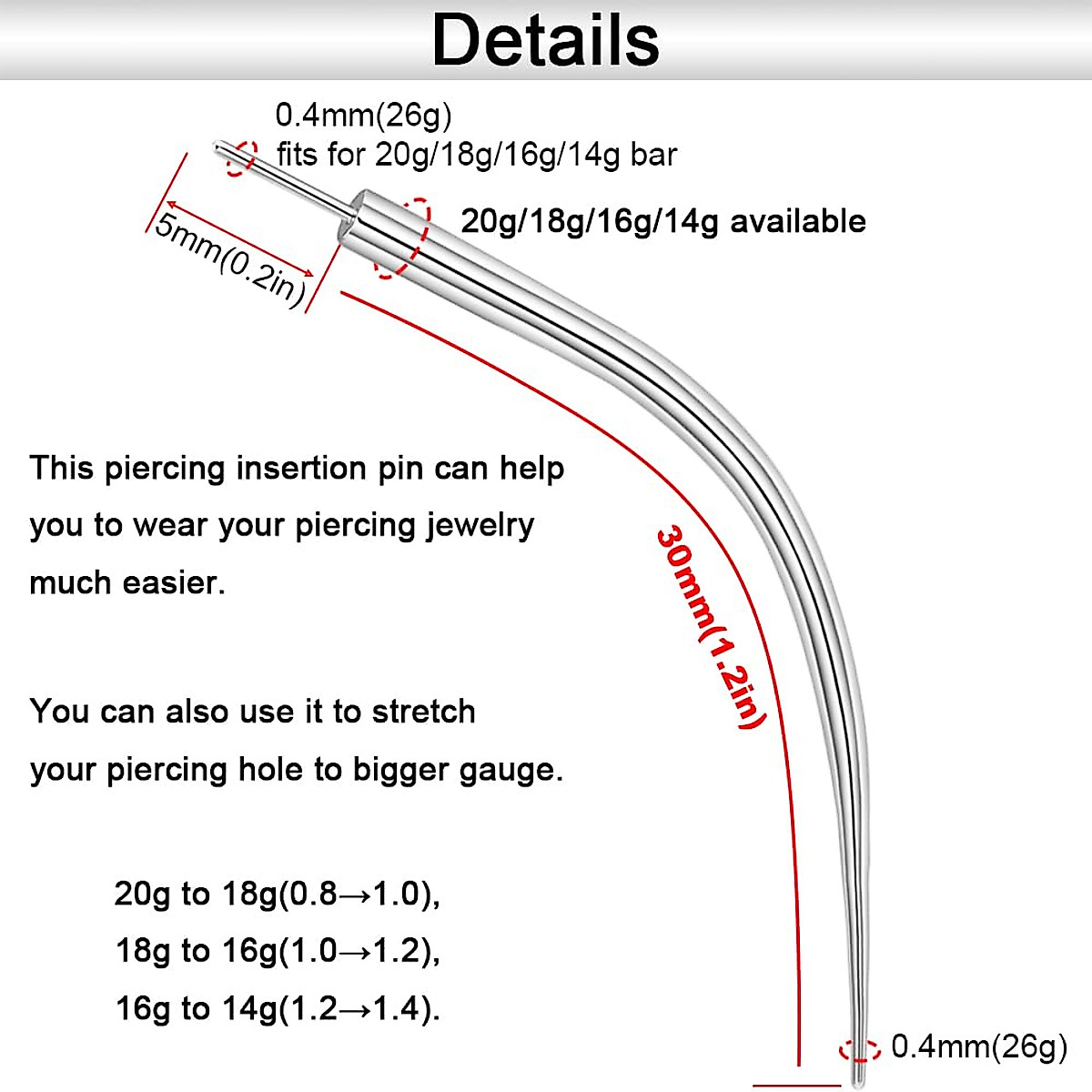 PunkTracker 20g/18g/16g/14g Curved ASTM F136 Titanium Piercing Kit Taper Insertion Pin for Threadless Tragus Helix Lip Nose Helix Piercing Jewelry Cartilage Earrings Labret Studs Nose Stud Stretcher