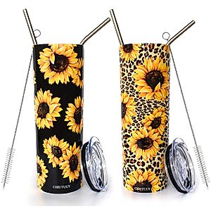 CHIUTUUY 2 Pack 20 oz Stainless Steel Skinny Sunflowers Tumblers Double Wall Vacuum Insulated Water Tumbler Cups with Lids, Straws and Cleaning Brush