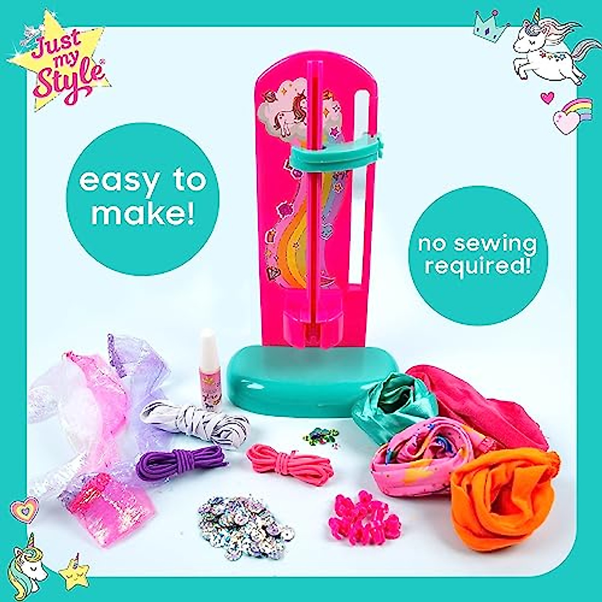 Just My Style D.I.Y. Scrunchie Maker by Horizon Group USA, Design Your Own Colorful Satin Scrunchies Hair Bands, Easy-to-Use Tool & Gemstones Included