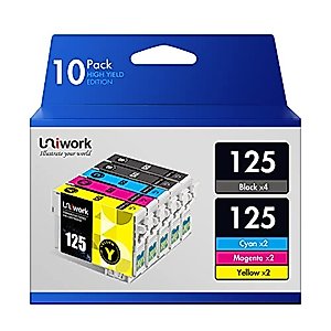 Uniwork Remanufactured Ink Cartridge Replacement for Epson 125 T125 use for NX125 NX127 NX130 NX230 NX420 NX530 NX625 Workforce 320 323 325 520 Printer Tray (4 Black 2 Cyan 2 Magenta 2 Yellow 10 Pack