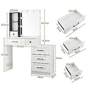 YAMISSI Vanity Desk with Mirror and Lights, USB Charging Station Vanity Table Set with Cushion Stool, Hollywood Dressing Table with 6 Storage Drawers, 3 Colors LED Bulbs for Grils and Women