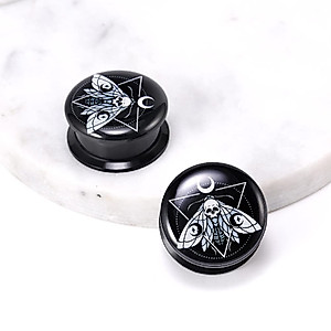 POBAISITER 1 Pair Acrylic Solid Screw Fit Ear Gauges Tarot Death Moth And Ornament Of Moon And Sun Phases 2g- 1 Inch LOGO Drawing Allergy Free For Women For Men Body Piercing Jewelry
