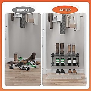 DEYILIAN Small Shoe Rack, 2 Tier Narrow Shoe Rack with Hook and Loop Sticky Adhesive Strips Wall Mounted Shoe Rack, Slim Shoe Rack Space Saving Design Behind the Door Wall Shoe Organizer for RV Closet