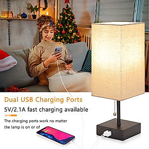 GGOYING Bedside Table Lamp, Pull Chain Table Lamp with 2 USB Charging Ports, 2700K LED Bulb, Fabric Linen Lampshade, Nightstand Lamp for Livingroom Bedroom Office Reading Working