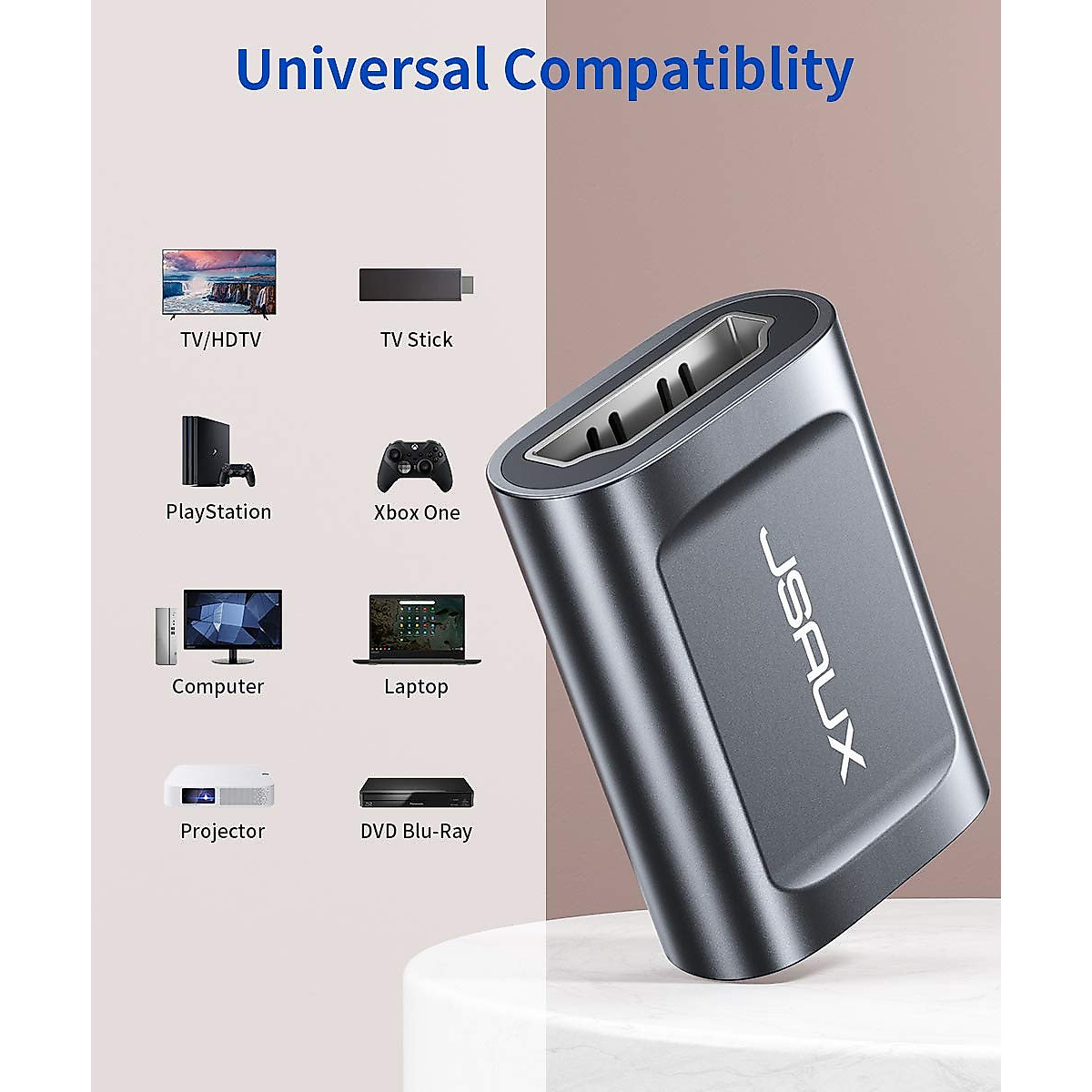 JSAUX HDMI Coupler Female to Female 2 Pack, 4K HDR HDMI Extension Connector Adapter Aluminum Alloy for HDTV, Roku Stick, Computer, PC, Monitor, Laptop, Projector, DVD Player, PS 4/3(Grey)