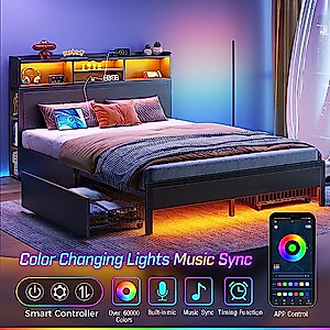 Rolanstar Queen Bed Frame with Storage Headboard, Metal Platform Bed with Charging Station, LED Bed Frame with 4 Drawers, Bookcase Storage, No Box Spring Needed, Easy Assembly, Noise-Free, Black
