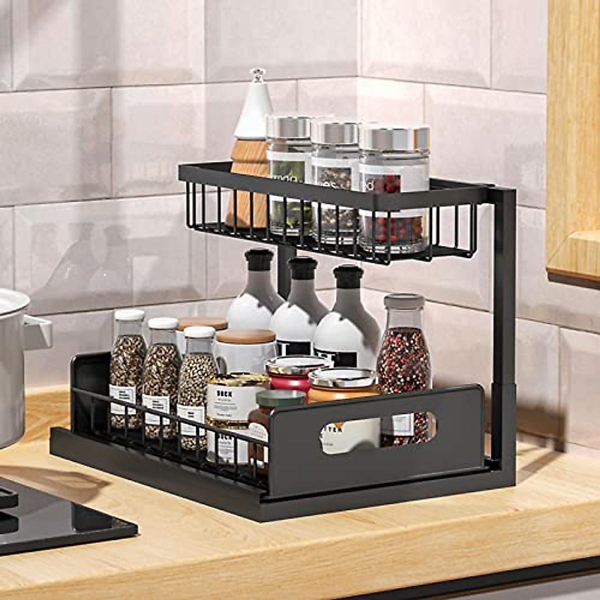 Under sink organizer, Furihshe kitchen storage pull out double shelf drawer 2-Tier Slide Out Sliding Shelf Under Cabinet Storage Multi-Use for Under kitchen sink organizers and storage, Black