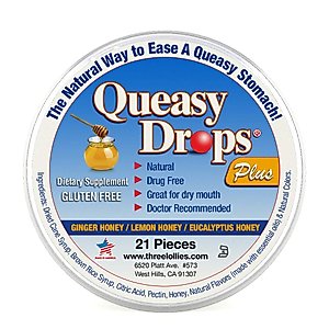 Queasy Drops Plus Honey & Pectin | 21 Drops | Queasiness Relief | Drug Free & Gluten Free | 3 Flavors: Ginger Honey, Lemon Honey & Eucalyptus Honey