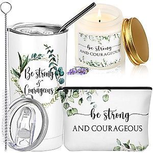 Sieral 3 Pcs Christian Gifts for Women Faith Be Still and Know Be Strong and Courageous Inspirational Travel Mug Tumbler Christian Prayer Candle Religious Bible Verse Cosmetic Bag for Mother(Strong)