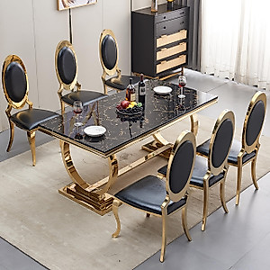 Maotifeys 70" Black Marble Dining Table, Rectangle Marble Top Dining Table for 6-8 Person, Gold U-Shape Stainless Steel Pedestal Dining Table, Mid Century Modern Dining Table for Dining Room Kitchen