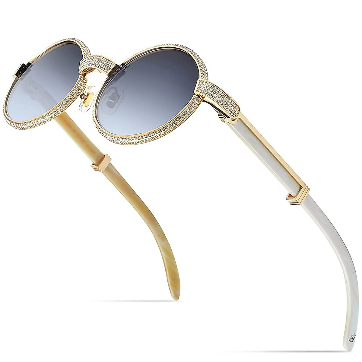 HEPIDEM 100% Really Buffalo Horn Luxury 720pcs Diamonds Sunglasses (White Frame Gradient Gray Lens)