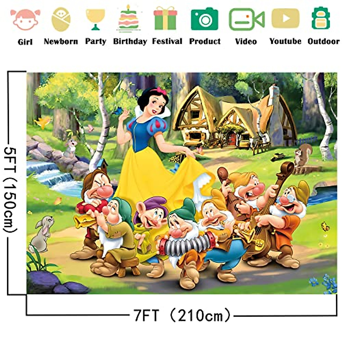 Snow White Backdrop,7x5 FT Princess Snow White Banner Princess Background Snow White and The Seven Dwarfs Backdrop Princess Theme Birthday Party Backdrop Supplies & Decor for Girls